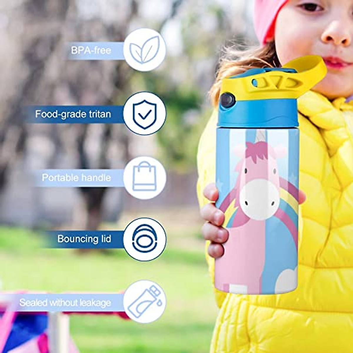 Thermos Cup 500Ml Rainbow Unicorn Insulated Water Bottle With Straw For Sports And Travel 7.5x2.7 in