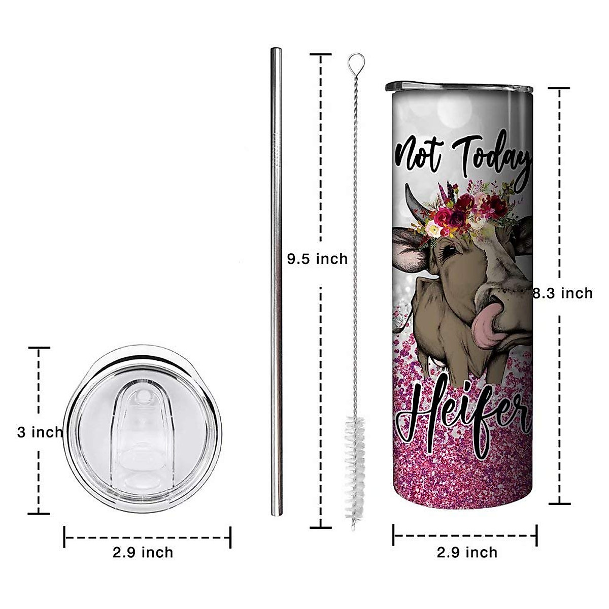 Homega Heifer Straight Tumbler Mug 20oz Cow Skinny Travel Mug Not Today Heifer Vacuum Insulated Coffee Cups Pink Double Wall Thermal Water Bottle for Car Travel Work Sport