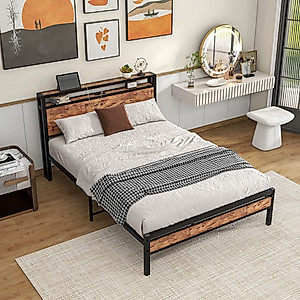 HOJINLINERO Full Size Bed Frame with Storage Headboard/USB Charging Station,Metal Platform Bed Frame Full Size No Box Spring Needed,Noise-Free,Strong Steel Slats Support,Rustic Brown