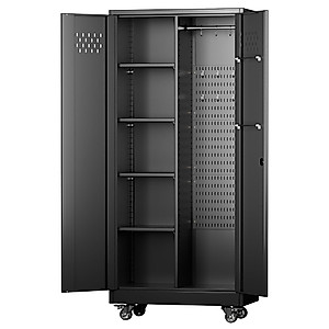 GLADIW Metal Storage Cabinet, Garage Storage Cabinet with Lockable Doors and 4 Adjustable Shelves, Tool Cabinet with Wheels and Pegboards for Garages, Offices, Kitchens, Gyms and Pantries, Black