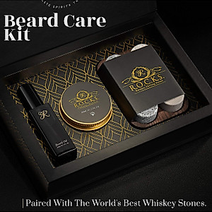 Whiskey Chilling Stones & Beard Care Grooming Kit Gift Set - 6 Handcrafted Granite Round Rocks -  Sandalwood Scent Oil & Balm - Whiskey Gift for Men in Elegant Gold Foil Box