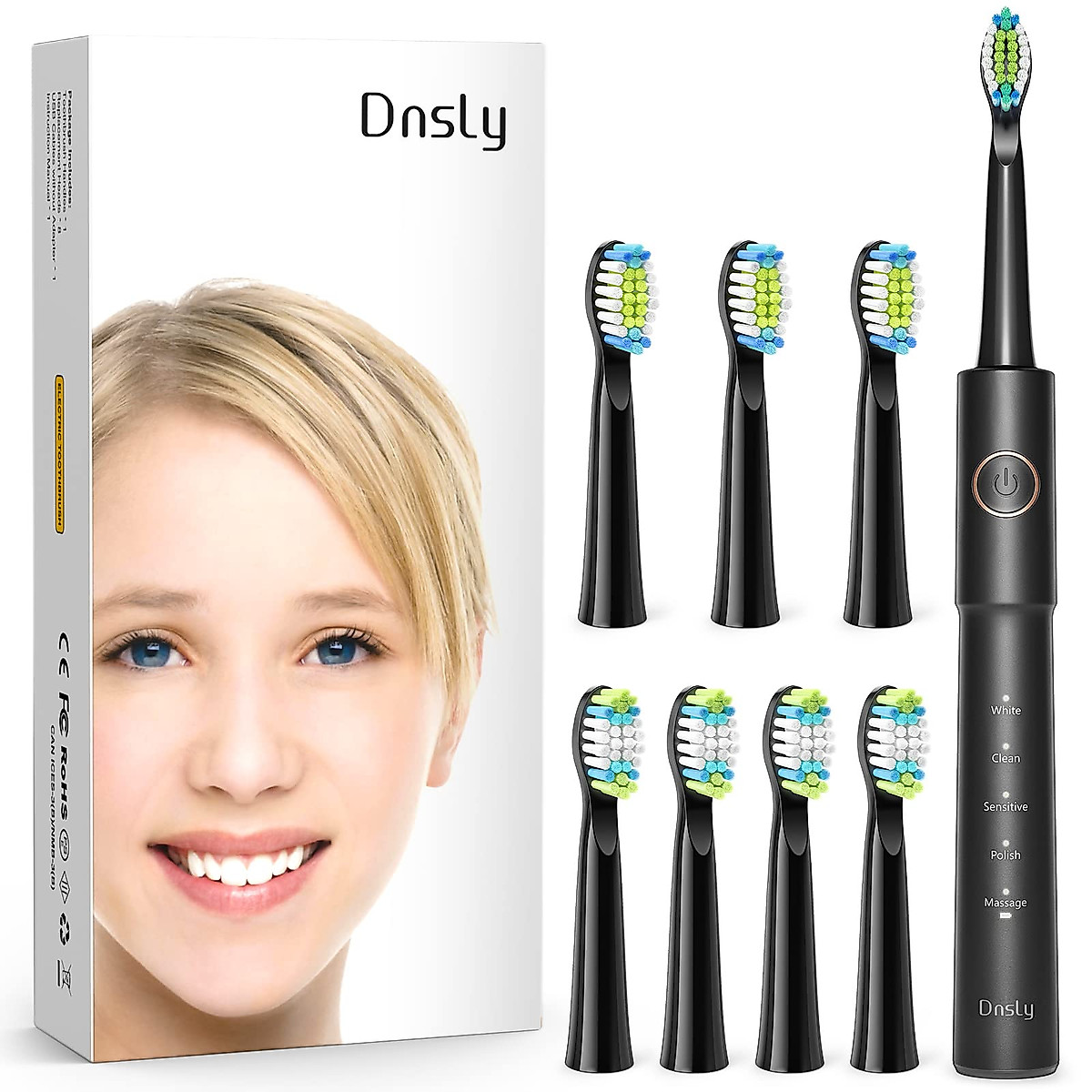 Dnsly Ultrasonic Electric Toothbrush for Adults, Battery Electric Toothbrushes, 8 Sonic Toothbrush Heads, 5 Modes with Smart Timer, 2 Hours Charge for 30 Days Use