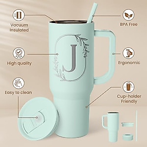 SANDJEST Stainless Steel Tumbler 40oz with Handle Initial J and Canvas Tote Bag
