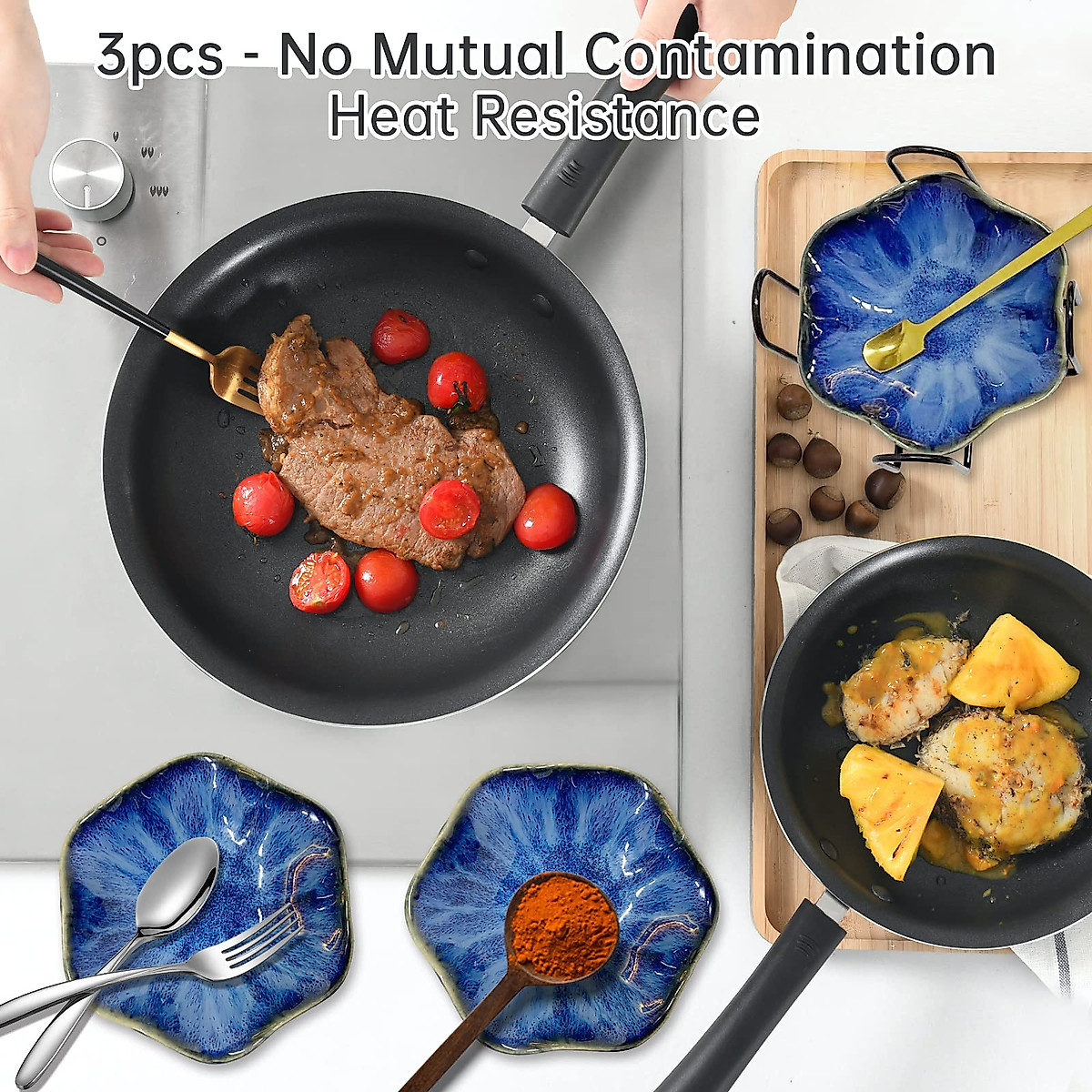 Spoon Rest for Stove Top with Holder 3pcs, TIGERMILLION Heat-Resistant Cooking Utensil Rest, Tea Spoon Rest, Ideal Gift For House Warming Gifts, Dishwasher Safe, Blue