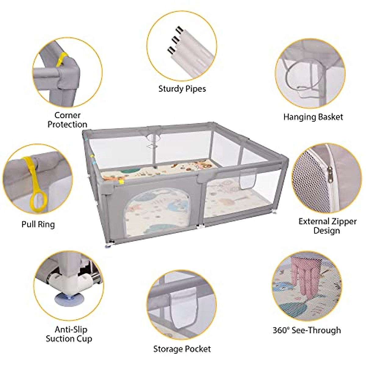 COLOR TREE Baby Playpen with Mat, 71”x59” Extra Large Playpen for Babies and Toddlers, BPA-Free Baby Playard with 50 Ocean Balls, Basket, Anti-Slip Base, Breathable Mesh, Kids Activity Center Gray