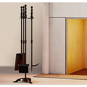 Fire Beauty Fireplace Tools Set 4 Pieces Black Wrought Iron Fire Tool Set for Outdoor/Indoor Include Poker, Shovel, Brush and Stand Accessories Set