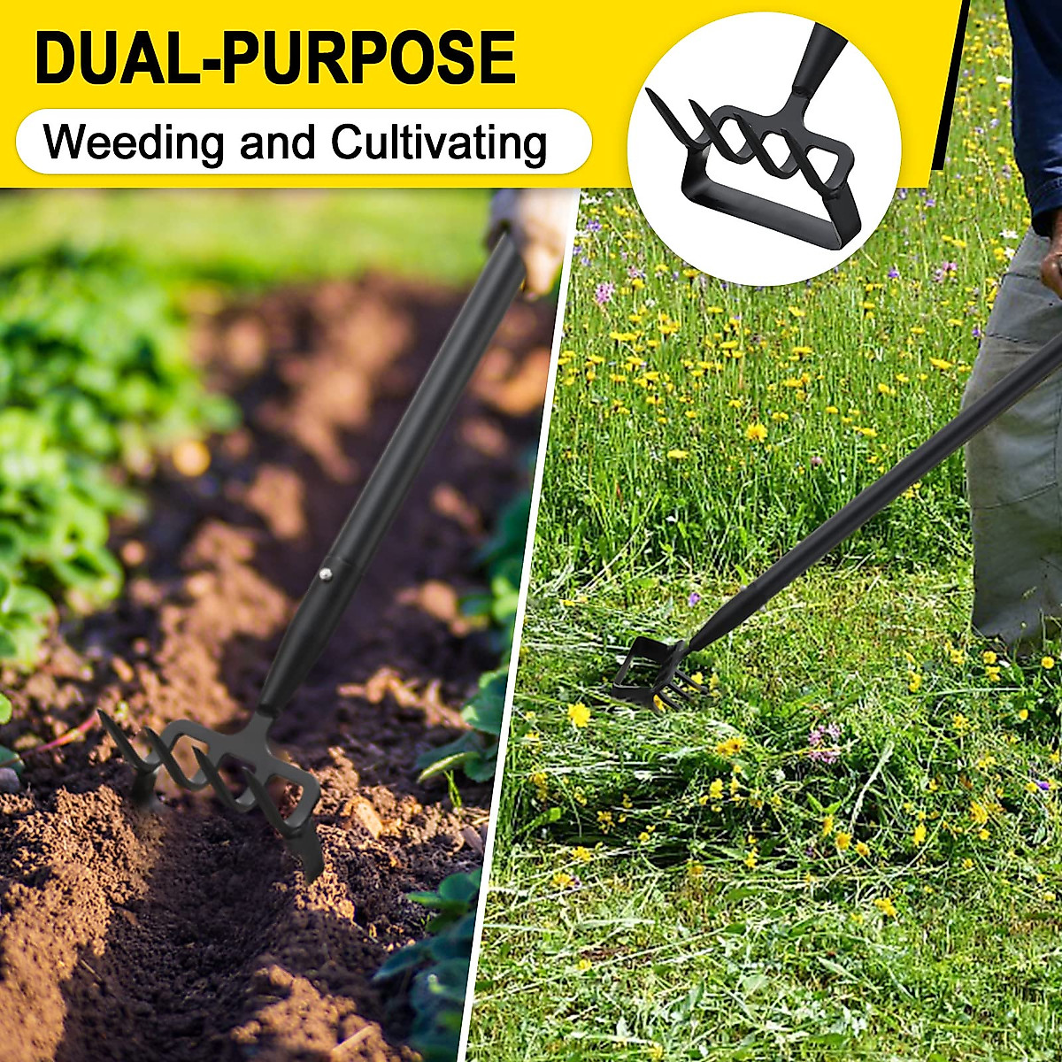 Garden Hoe, Cultivator Stirrup Hoe Garden Tool for Weeding, 73 Inch Heavy Duty Hula Hoe with Adjustable Long Handle, Scuffle Loop Hoe with Rake 2-in-1 Gardening Tool for Loosening Pulling Weed