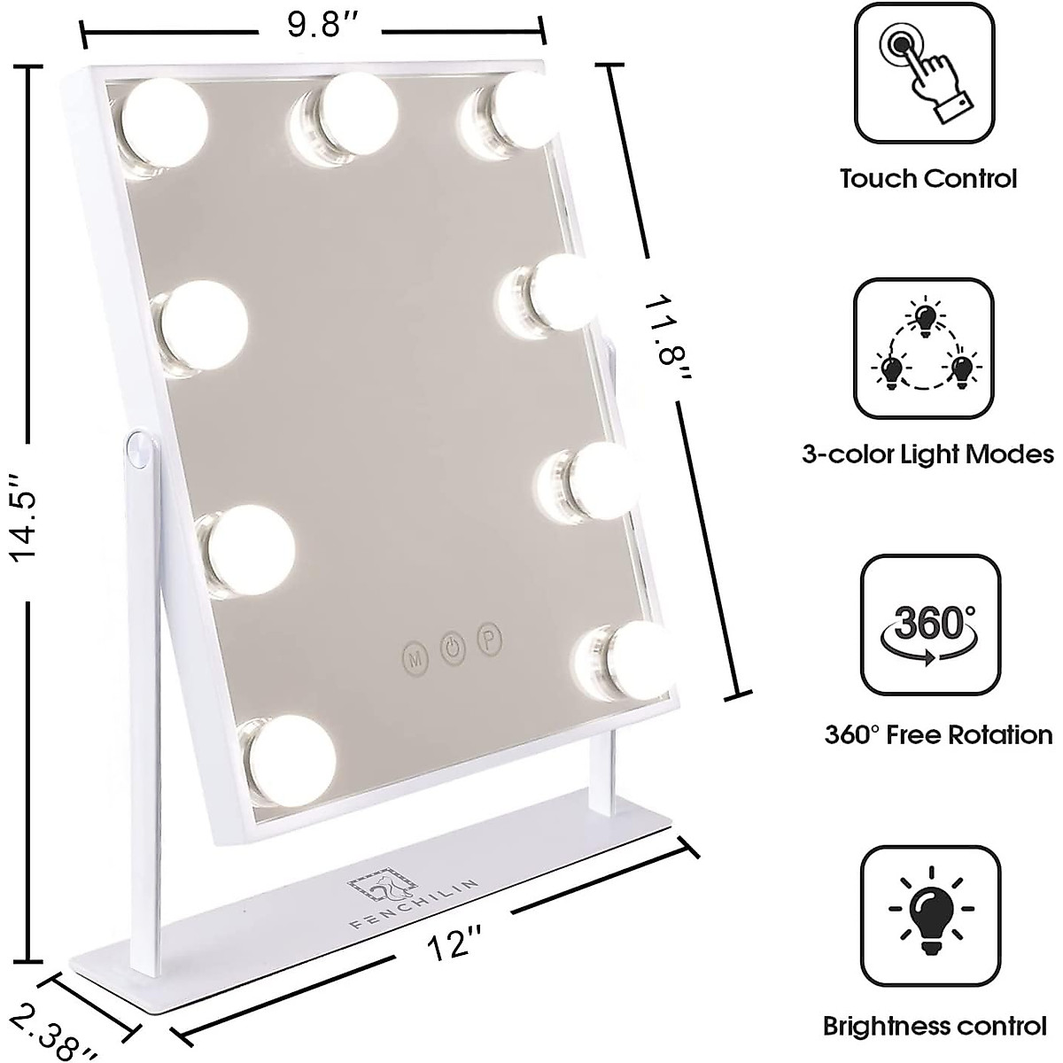 FENCHILIN Vanity Mirror with Lights Lighted Makeup Mirror Makeup Vanity Mirror Smart Touch Control 3 Colors Dimmable Hollywood Mirror with Lights 10X Magnification 360° Rotation White