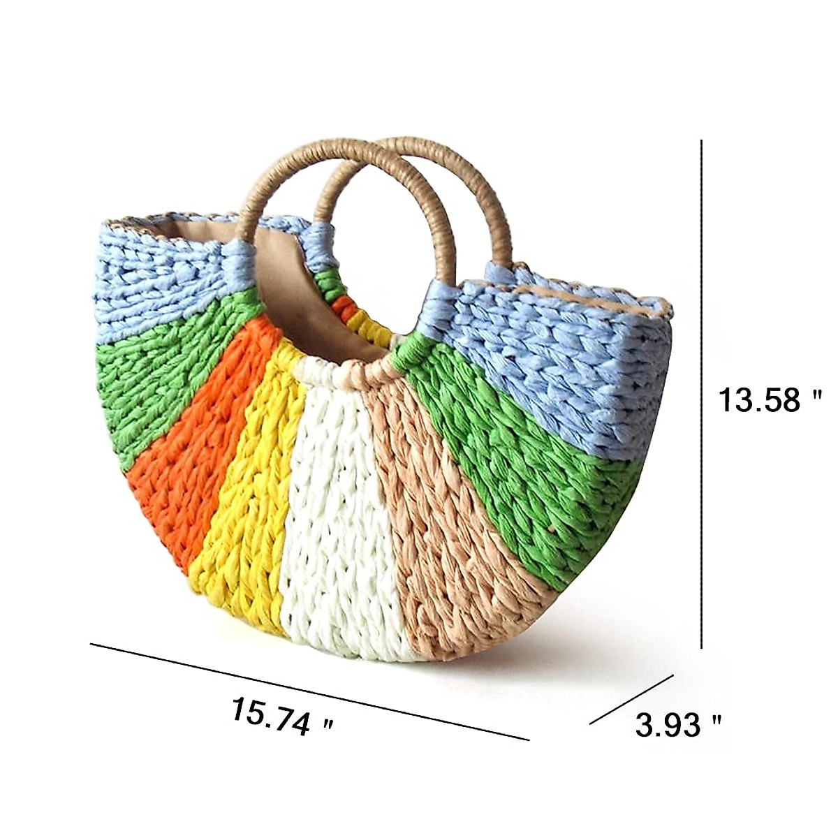 QTKJ Simple Retro Semi-circle Rattan Straw Bag Hand-Woven Round Women Straw Paper Handbag Summer Beach Bag Tote Straw Bag Purse (Colorful)