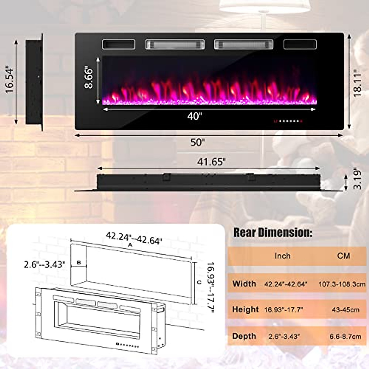 GOFLAME 50 Inch Electric Fireplace, Recessed & Wall-Mounted Fireplace Heater with Touch Panel, APP Control, Remote Control, 12H Timer, Adjustable Flame Color and Brightness, Overheat Protection