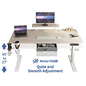 HEONAM Electric Standing Desk with Drawer, 63x30 Inches Height Adjustable Sit Stand Up Desk with Storage Shelf, Home Office Desk Computer Workstation with White Pearwood Top/White Frame