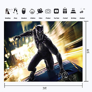 Colorwonder Vinyl Superhero Backdrop 7x5ft Black Panther Backdrop Happy Birthday for Boys Cityscape Super Star Black Panther Birthday Party Supplies, Black