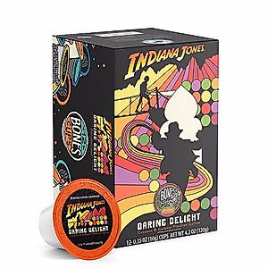 Bones Coffee Company Indiana Jones Daring Delight Flavored Coffee Bones Cups Single-Serve Coffee Pods for Coffee Maker 1.0 & 2.0, Scotcheroo Flavor (12ct)
