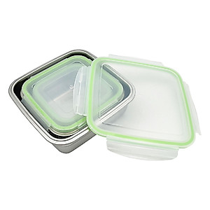 HTIAM Stainless Steel Food Containers, 3-Piece Set with Lids, Reusable for Breakfast, Lunch, Dinner, Snacks Bento Box Square Lunch Box 400/750/1200ml