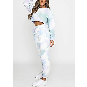 WephuPSho Women's 2 Piece Tracksuits Outfit Set Tie Dye Round Neck Long Sleeve Crop Top+ Trousers Casual Fall Clothes Sports Sweatsuit (Light green, S)