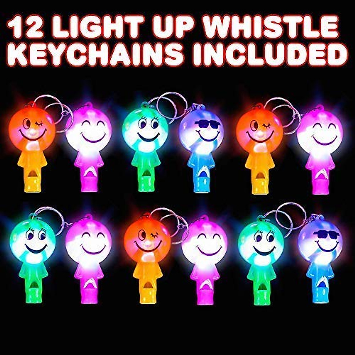 ArtCreativity Light Up Keychains for Kids with Whistles, Set of 12, LED Smile Face Key Chains and Bag Accessories, Fun Birthday Party Favors for Children, Goodie Bag Fillers for Boys and Girls