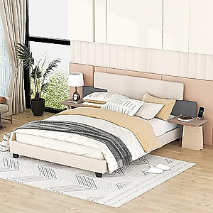 OPTOUGH Queen Size Upholstered Platform Bed with Bedside Shelves and USB Charging Design, Wooden Bedframe w/Slats Support, for Bedroom, Beige+Gray