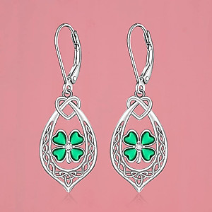 Talonior St Patricks Day Earrings Shamrock Earrings for Women Sterling Silver Good Lucky Irish Filigree Green Four Leaf Clover Earrings Friendship Jewelry Birthday Gifts