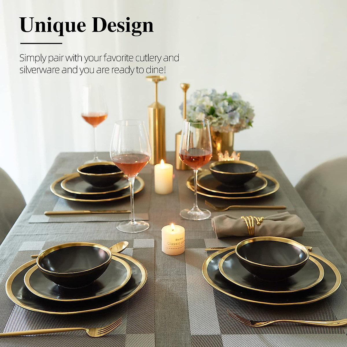 Pokini Black Luxury Plates and Bowls Sets, 12 Piece Porcelain Dinnerware Sets Service for 4, Modern Dinner Plates Set, Gold Rim Dish Set for Wedding Anniversary Birthday, No Microwave Safe