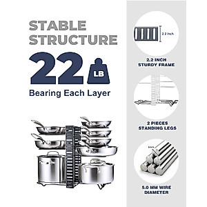 BRONYPRO Adjustable Pots and Pans Organizer for Kitchen Cabinet, Rustproof Storage Organizer Rack for Heavy Pots Pans with 8 Slots, for Skillets, Frying Pan, Pot Lids, Kitchen Must Have (Black)