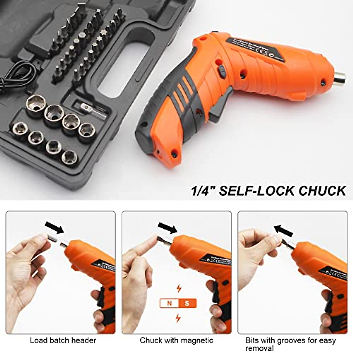 MQ Electric Screwdriver, 3.6V Cordless Screwdriver Kit with Rechargeable Battery, Dual Position Handle & LED Front Light, 49PCS Portable Skil Screwdriver for Home Office DIY Tools, Orange