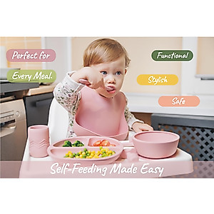 Silicone Baby Feeding Set, Baby Led Weaning Supplies - Suction Plate and Bowl, Self Feeding Spoon and Fork, 2 Bendable Spoons, Tiny Cup, Bib, First Stage Eating Utensils, Baby Dishes