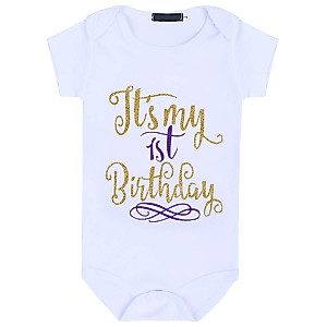 ODASDO It’s My 1st First Birthday Outfit Newborn Infant Baby One Year Party Cake Smash Set Princess Dress Cotton Short Sleeve Bodysuit Romper Tutu Skirt Sequin Bowknot Headband 3pcs Purple 1st 1T