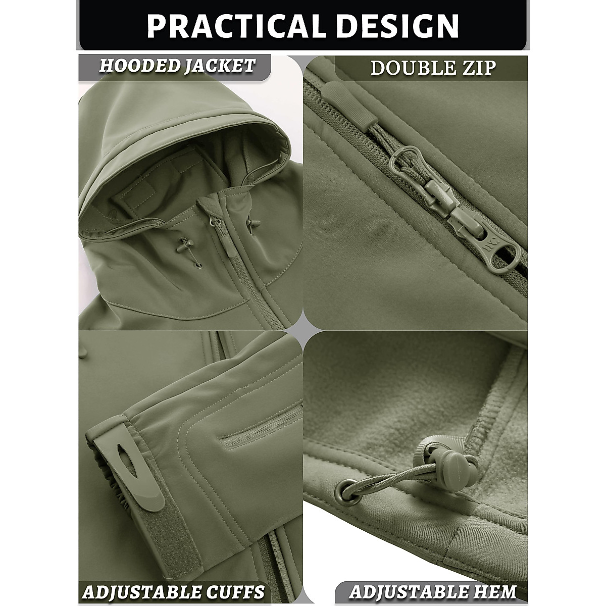 TACVASEN Men Windproof Softshell Tactical Hoodie Fleece Hunting Jacket Coat Army Green,US XL
