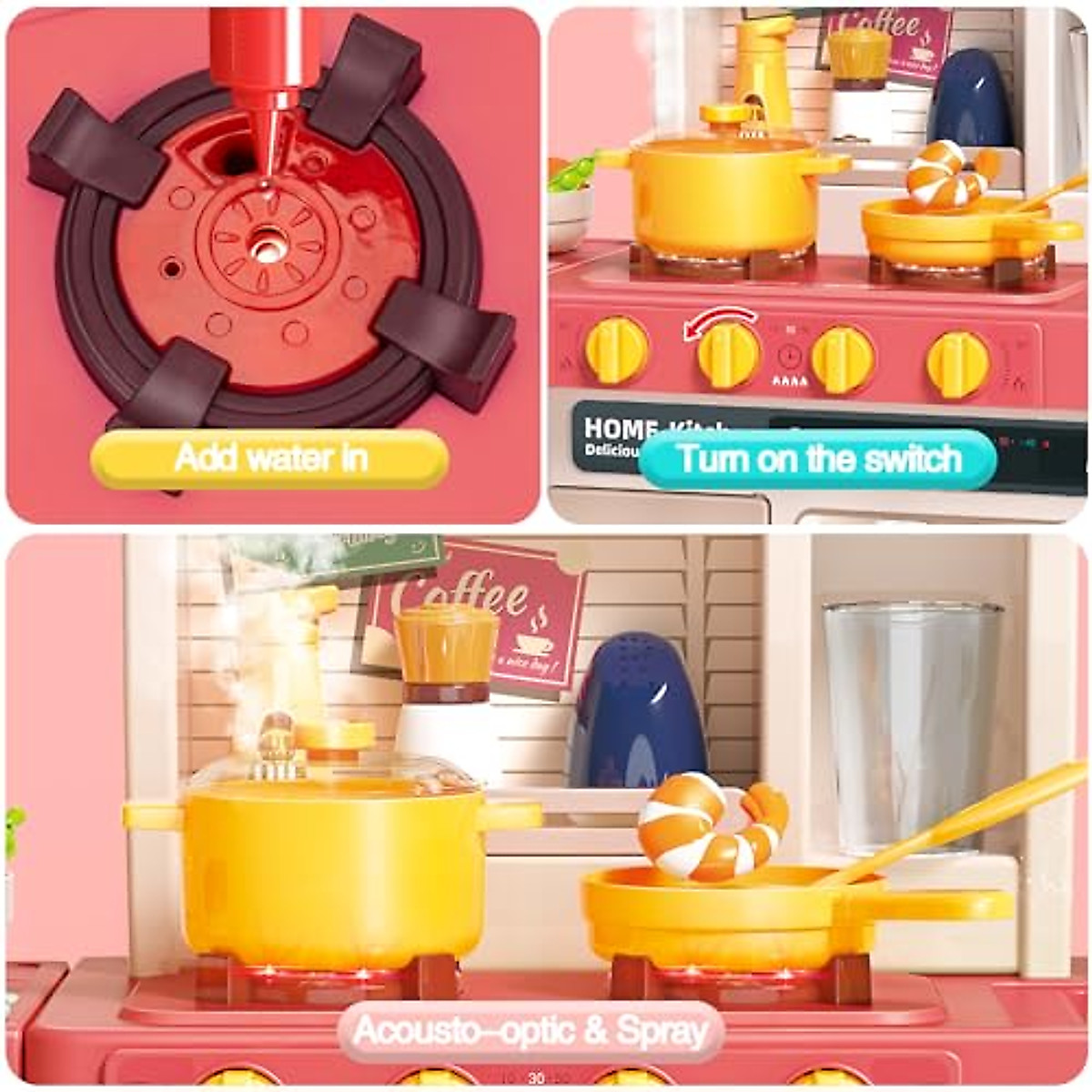 UNIH Kids Play Kitchen Playset, Toy Kitchen for Toddlers,Kitchen Set with Light and Sounds Pretend Play Kitchen Toys for Girls Boys 3 4 5 Year Old
