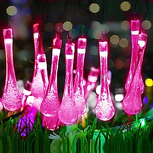 WONFAST Solar Outdoor String Lights,WONFASTWaterproof 20ft 30LED Crystal Water Drop Solar Powered Christmas Fairy String Lights for Outdoor Gardens Patio Homes Wedding Christmas Party (Pink)