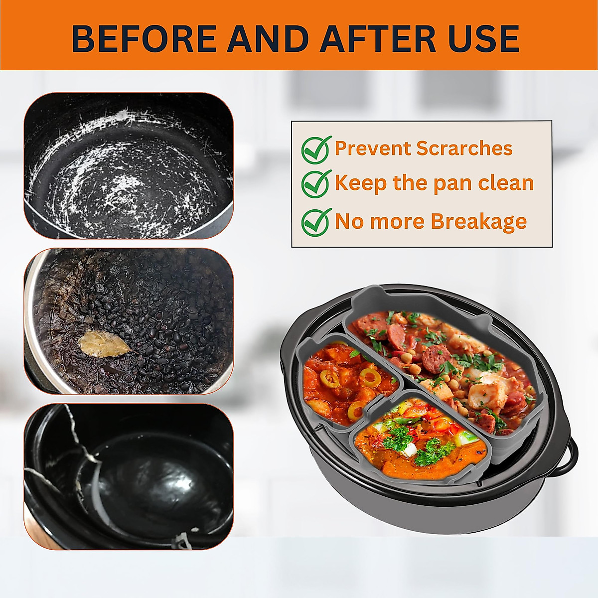 CANIS LYCAON Silicone Slow Cooker Liners Fit Crock Pot 6-8 QT crock pot dividers Allows to cook 3 Meals at once Time | Collapsible & Reusable Silicone Divider Insert, Dishwasher Safe & Leakproof