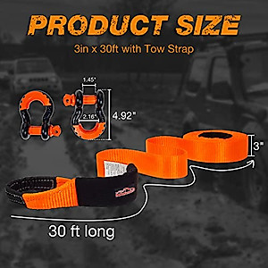 Autofonder Tow Strap (3”x30’) with Heavy Duty 3/4 D Ring Shackles (2pcs)-30,000lb Break Strength-12T Offroad Vehicle Towing Rope with Storage Bag-Triple Reinforced Loop Emergency Recovery Straps