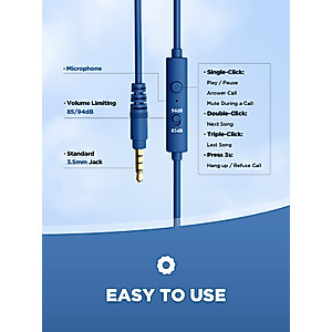 BIGGERFIVE Kids Headphones, Wired Headphones for Kids Boys Girls, 85/94dB Safe Volume Limited, Microphone, Foldable, 3.5mm Jack Stereo Child Teens Headphones for School/Travel/iPad/Tablet, Blue