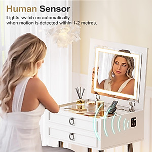 Lvifur Small Vanity Desk with Flip Top Mirror and Lights, Auto Sensor Dressing Table with Charging Station, Farmhouse Makeup Vanity Table with Jewelry Storage Drawer for Bedroom (White)