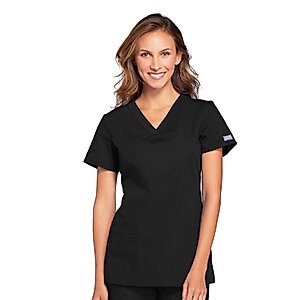 V-Neck Womens Scrubs Top Workwear Originals with Rib-Knit Back Panels WW645, M, Black