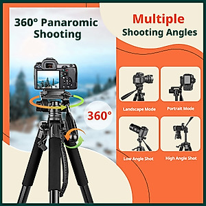 Torjim 74” Camera Tripod with Travel Bag, Extendable Cell Phone Tripod Stand with Wireless Remote and Phone Holder, Compatible with All Cameras/iPhone/Android/Sport Camera