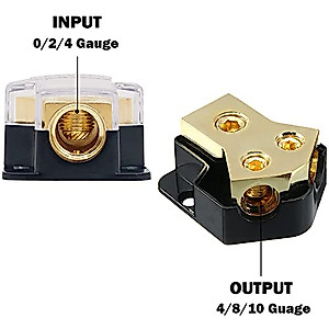 VonSom 2 Way Power Distribution Block, 1x 0/2/4 AWG Gauge in / 2X 4/8/10 Gauge Out Amp Power Distribution Ground Distributor Connecting Block for Car Amplifier Audio Splitter 2 Pack