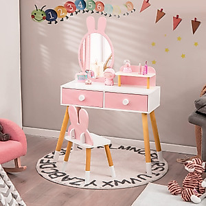 HONEY JOY Kids Vanity, Rabbit Themed Toddler Wooden Makeup Table and Chair Set w/2 Large Drawers, Beech Wood Legs, Princess Dressing Beauty Table, Girls Vanity Set with Mirror and Stool (Pink)