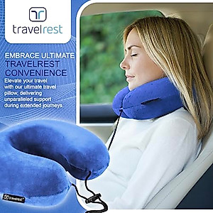 TRAVELREST - Travel & Neck Pillow, Therapeutic Memory Foam, Washable Micro-Fiber Cover, Soft and Comfortable - Head Support for Long Flights, Compact and Ergonommic Design, Attaches to Luggage - Blue