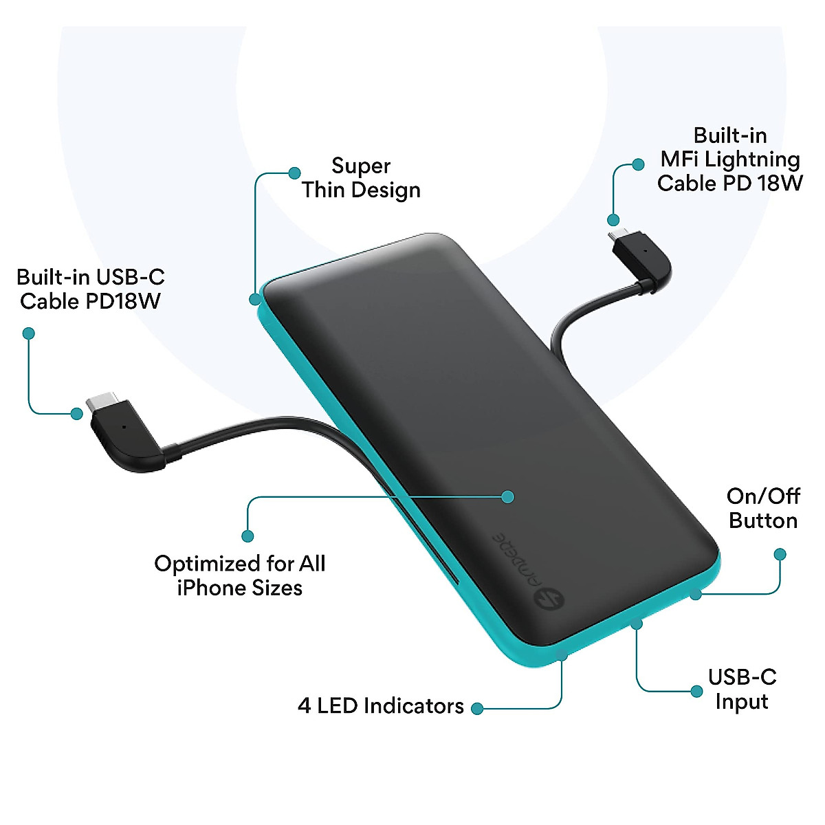Ampere Really Good Power Bank - 10000mAh Portable Travel Phone Charger with Built-in Lightning Cable [MFi Certified] & Built-in USB-C Cable for iPhone, iPad & AirPods (Black/Teal)