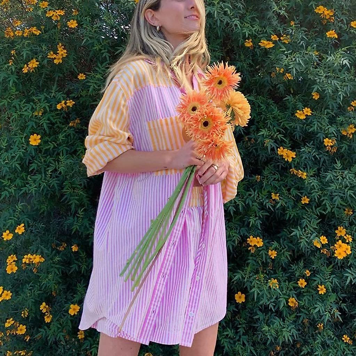 SAFRISIOR Women’s 2 Piece Casual Tracksuit Outfit Sets Stripe Long Sleeve Shirt And Loose High Waisted Mini Shorts Set (Medium, Pink&Yellow, m)