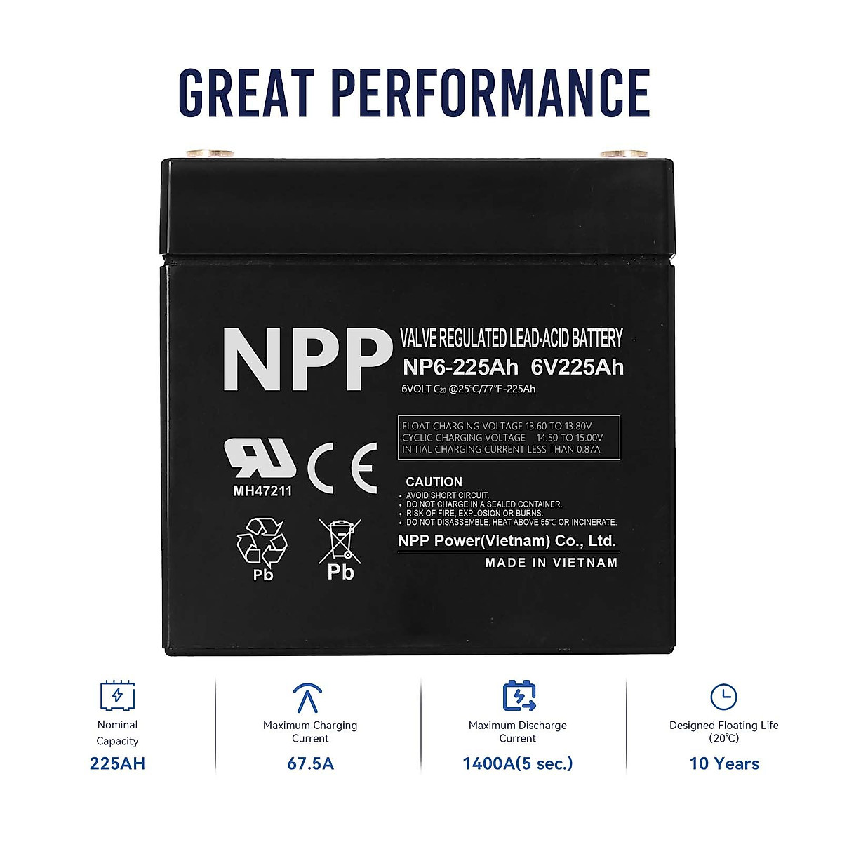 NP6-225Ah (4 Pcs) AGM Rechargeable Battery with T16A Terminal, Replace V6-225 Lead-Acid Battery, for Golf Carts, Pallet Jack, Solar Setup, Trolling Motor, RV, Marine, Wheelchair, Camping