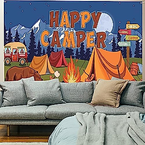 LLMSIX Camping Background, 5×3FT Happy Camper Banner Cartoon Forest Animal Campfire Background Camping Photo Backdrop Camping Themed Party Decoration Children Birthday Party Photo Props