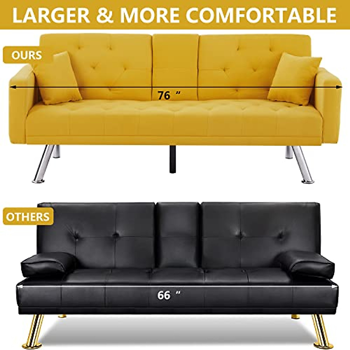 mikibama 76 Inch Futon Sofa Bed with Cup Holders, Linen Convertible Folding Futon Couch with Adjustable Backrest and Throw Pillows for Living Room, Tufted Sleeper Sofa with Metal Legs (Yellow)