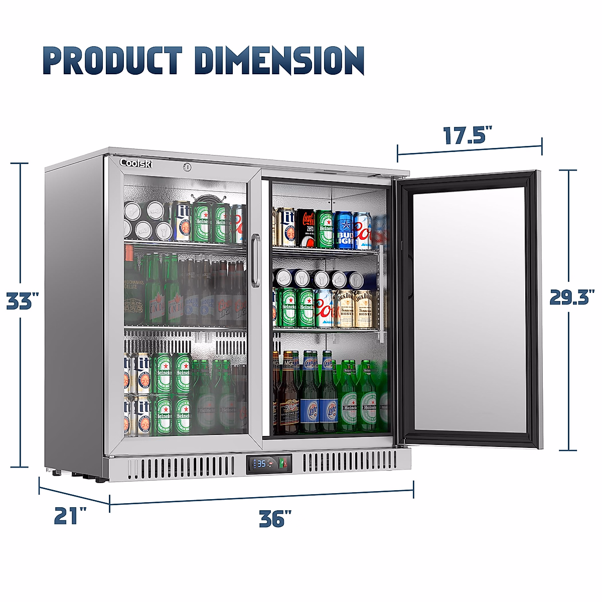 Coolski Back Bar Cooler Counter Height Beverage Refrigerator with 2 Glass Doors, Commercial Undercounter Display Fridge for Beer Soda Wine, 7.4 Cu.Ft. Capacity/LED Lighting/ETL NSF Approved