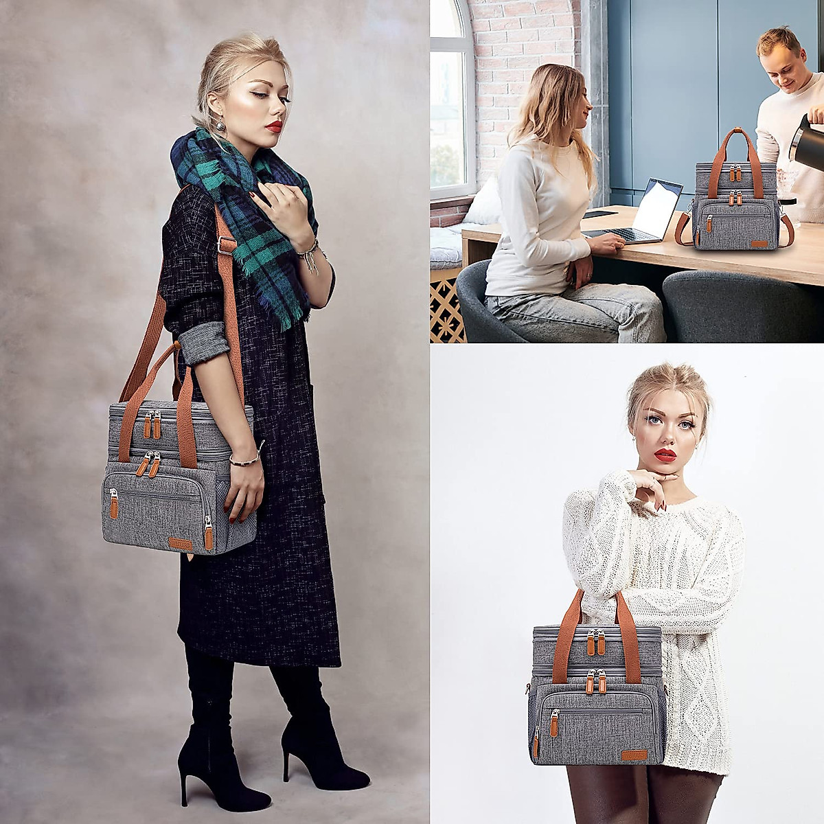 Weitars Lunch Bag for Women Men, Loncheras Para Mujer Dual Compartment Waterproof Reusable Large Lunch Box Wide-Open Cooler Tote Bag For Working Picnic Hiking (15L) (Gray(kahki))