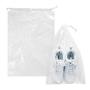 Belinlen 100 Pack 12x18 inch Plastic Drawstring Bags Transparent Shoe Bags for Travel Large Clear Shoes Storage Organizers Pouch with Cotton Draw Strings Shoe Dust Bags