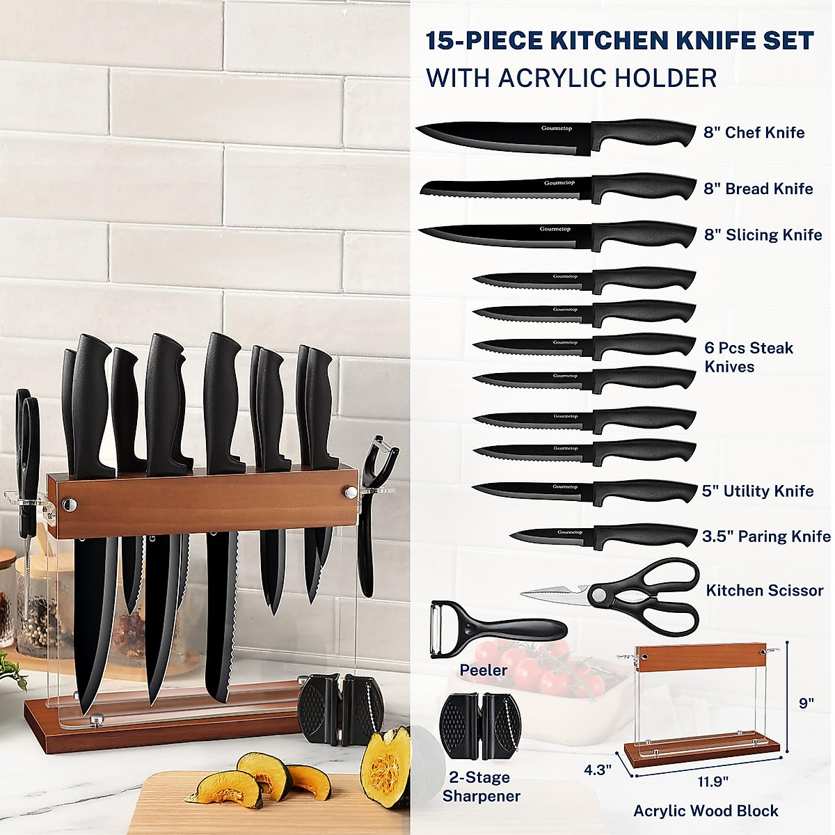 Gourmetop Kitchen Knife Set with Block 15 pcs, Kitchen Knife Block Set with Wood Acrylic Stand, Sharp Knife Set with Sharpener, Scissors, and Peeler, Black Cooking Knives Set for Kitchen Cutting