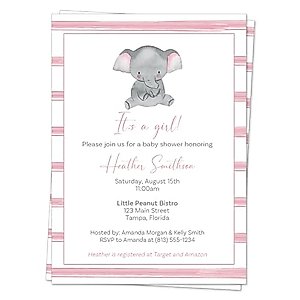 Elephant Baby Shower Invitations Stripes Pink It's a Girl l Little Peanut Invites Customized Personalized Printed (12 Count)