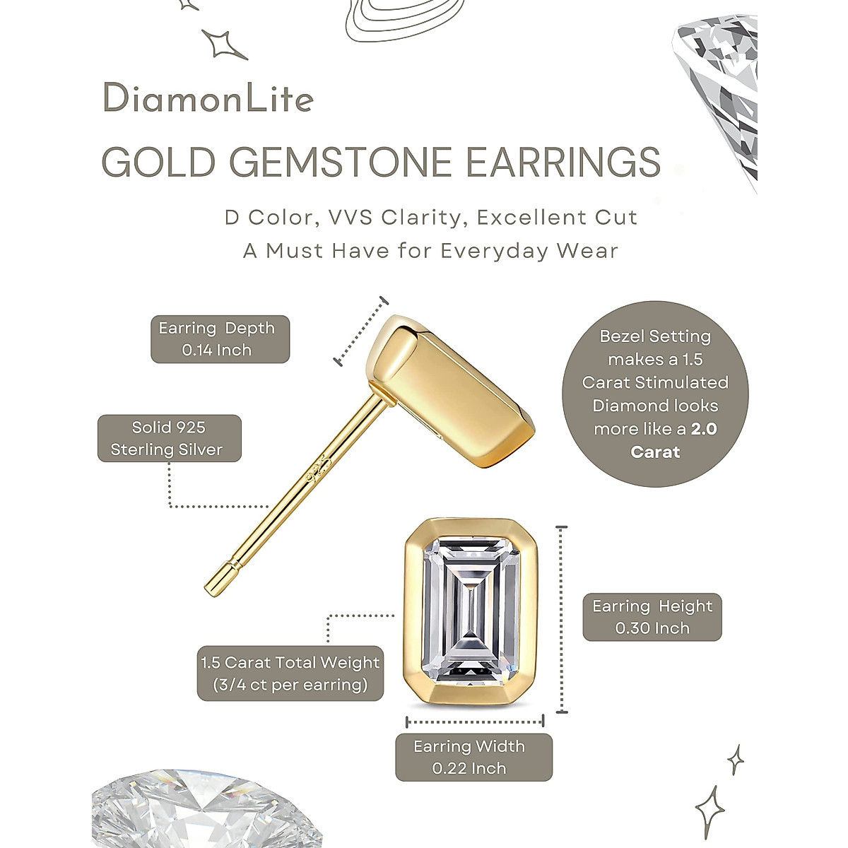 DIAMONLITE 1 -1.5 Ct Cubic Zirconia Stud Earrings for Women and Men, D Color VVS Clarity Excellent Cut, Sterling Silver, Cubic Zirconia